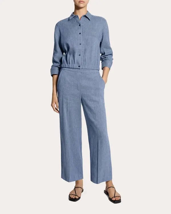 Theory Fluid Linen Scrunched Crop Button-up Top - Blue