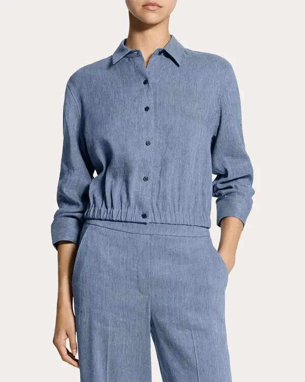 Theory Fluid Linen Scrunched Crop Button-up Top - Blue