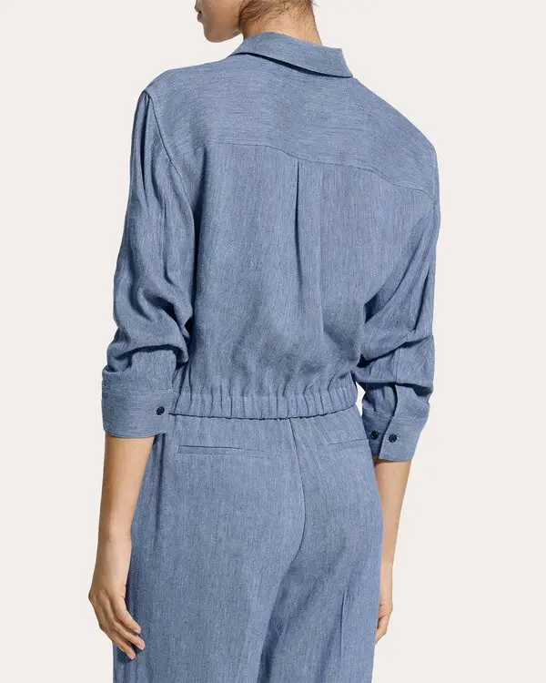 Theory Fluid Linen Scrunched Crop Button-up Top - Blue