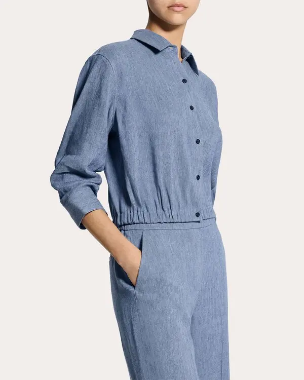 Theory Fluid Linen Scrunched Crop Button-up Top - Blue