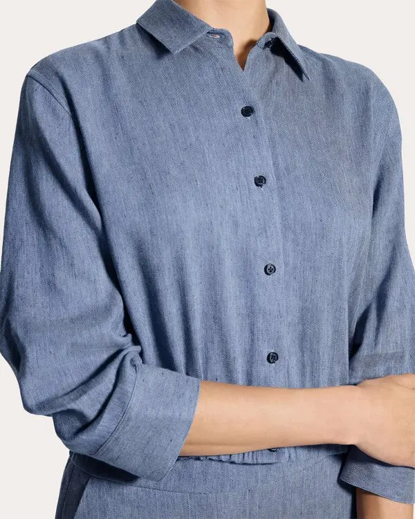 Theory Fluid Linen Scrunched Crop Button-up Top - Blue