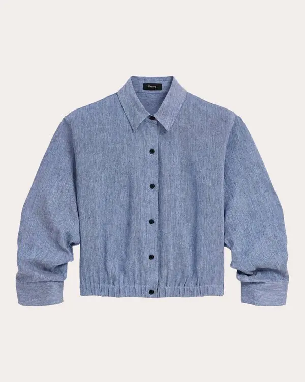 Theory Fluid Linen Scrunched Crop Button-up Top - Blue