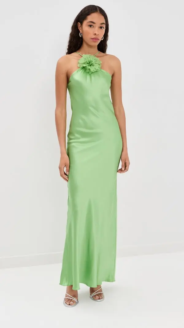 RODARTE Silk Bias Halter Dress With Floral Embellishment