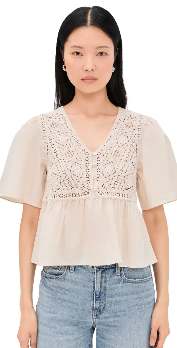 Ba&sh Salvi Cotton Poplin Blouse With Lace Panel And Ruffle Hem - Ecru