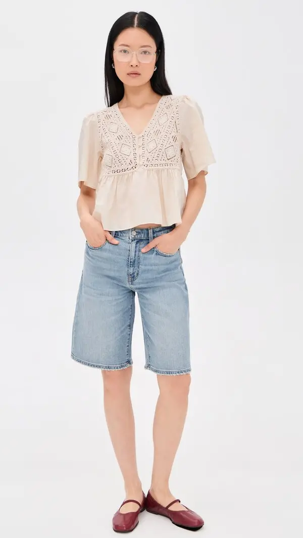 Ba&sh Salvi Cotton Poplin Blouse With Lace Panel And Ruffle Hem