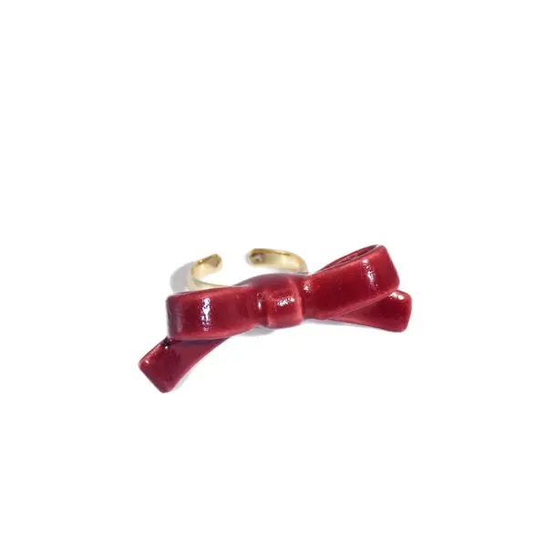 H2 STUDIO Adjustable Gold Plated Brass Ring With Ruby Ceramic Bowtie - Red