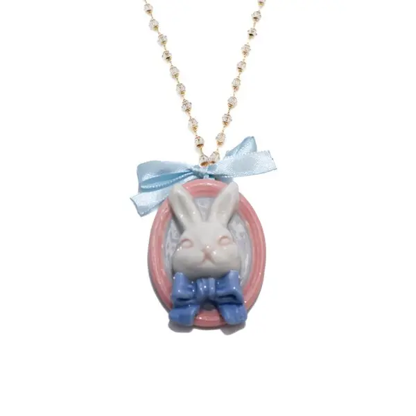 H2 STUDIO Porcelain Brooch Pendant Necklace With Crystal Beaded Chain - Pink/blue