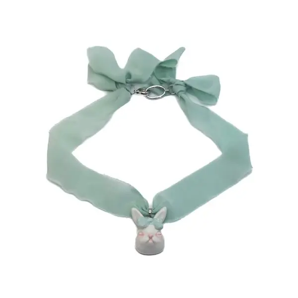 H2 STUDIO Grumpy Bunny Porcelain Pendant Silk Choker Necklace