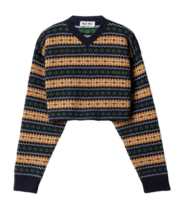Miu Miu Wool Fair Isle Cropped V-neck Sweater
