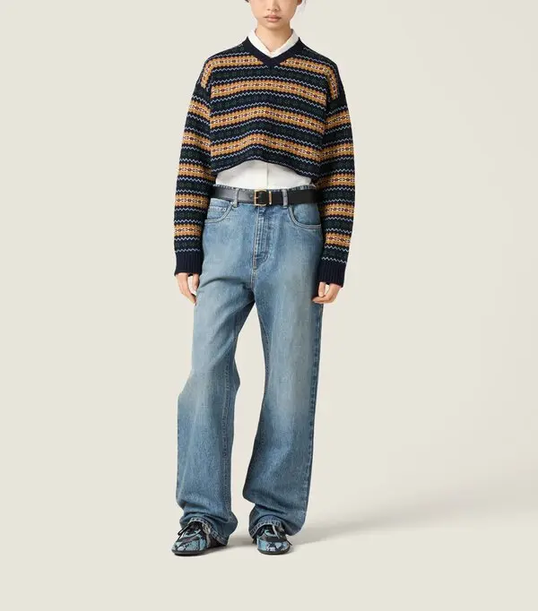 Miu Miu Wool Fair Isle Cropped V-neck Sweater