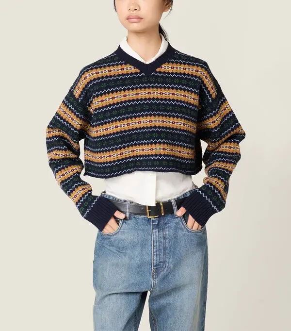 Miu Miu Wool Fair Isle Cropped V-neck Sweater