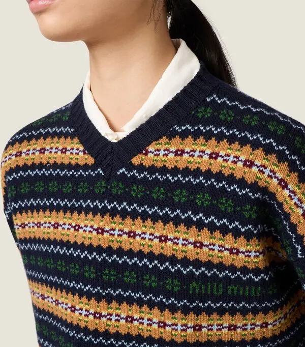 Miu Miu Wool Fair Isle Cropped V-neck Sweater