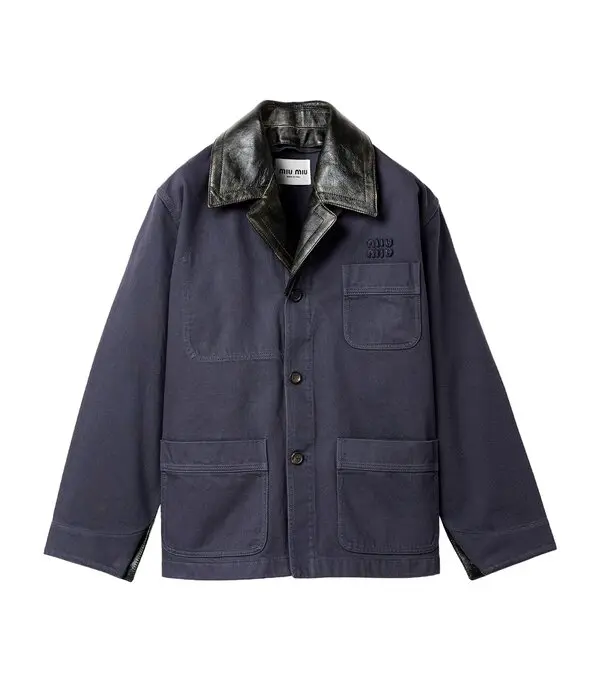 Miu Miu Cotton Chore Jacket With Leather Trim - Grey