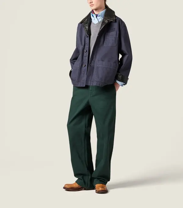 Miu Miu Cotton Chore Jacket With Leather Trim - Grey