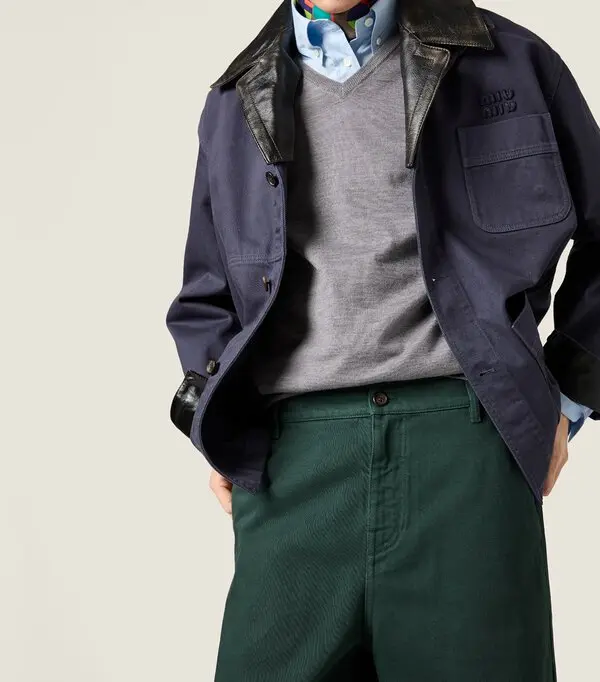 Miu Miu Cotton Chore Jacket With Leather Trim - Grey