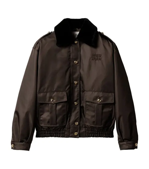Miu Miu Technical Gazar Bomber Jacket With Shearling Collar