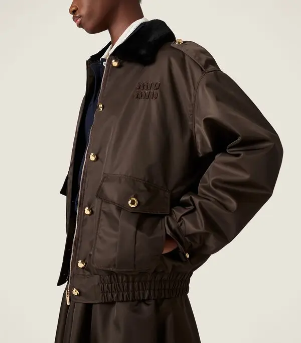 Miu Miu Technical Gazar Bomber Jacket With Shearling Collar