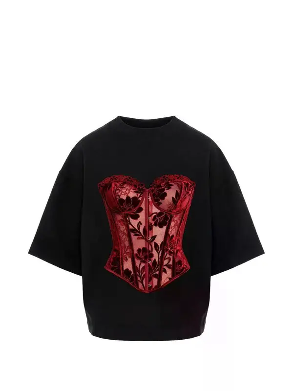 HAMZA Lace Print Corset T-shirt - Black