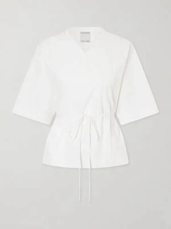 Calvin Klein Lynn Cotton-poplin Wrap Blouse - Neutrals