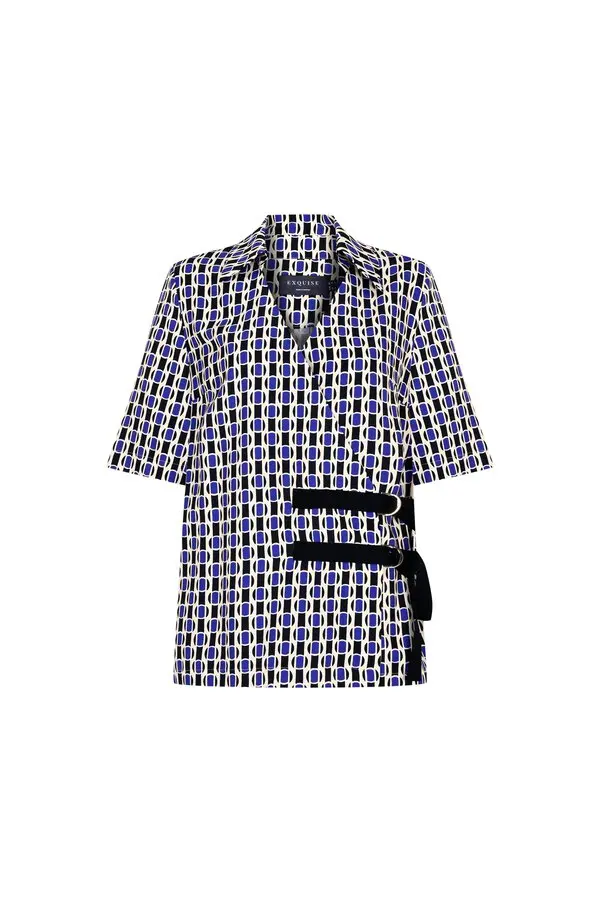 EXQUISE Madeline Checkered Belted Wrap Top