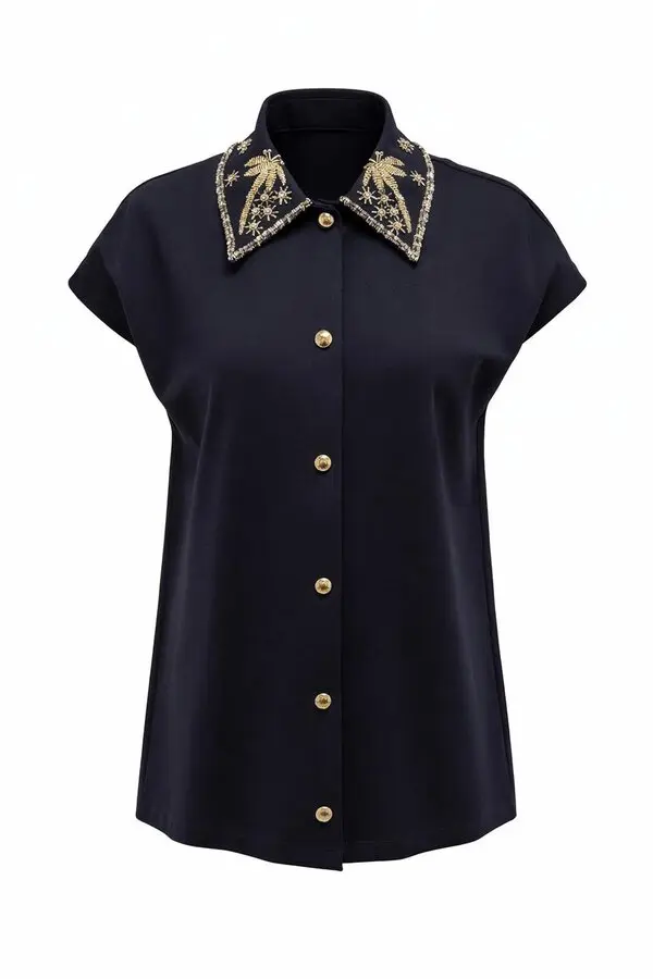 EXQUISE Sleeveless Knit Top With Shirt Collar And Embroidery - Black