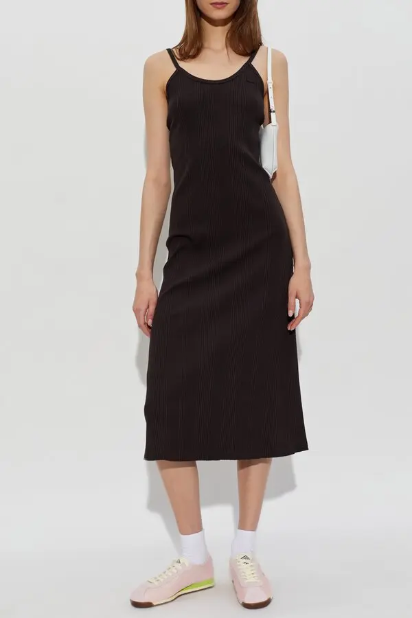 Lacoste Ribbed Knit Midi Dress With Logo Patch