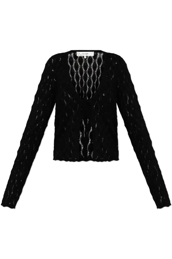 FRAME Openwork Knit Cardigan With Decorative Tie - Black