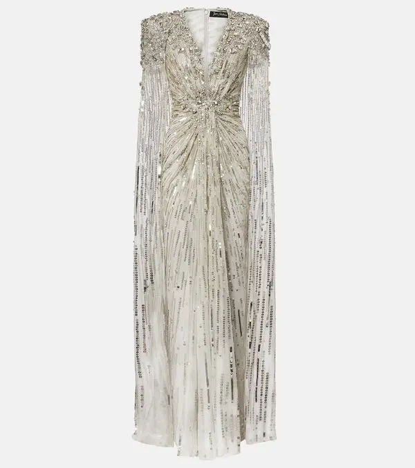Jenny Packham Embellished Gown With Cape Effect - Silver