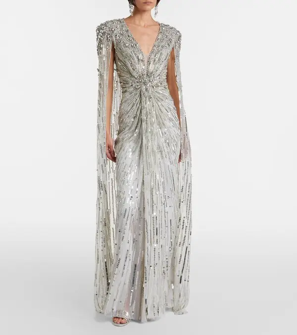 Jenny Packham Embellished Gown With Cape Effect