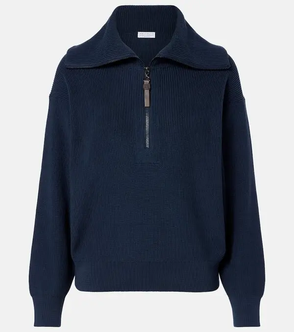 Brunello Cucinelli Monili Cotton Half-zip Sweater - Blue