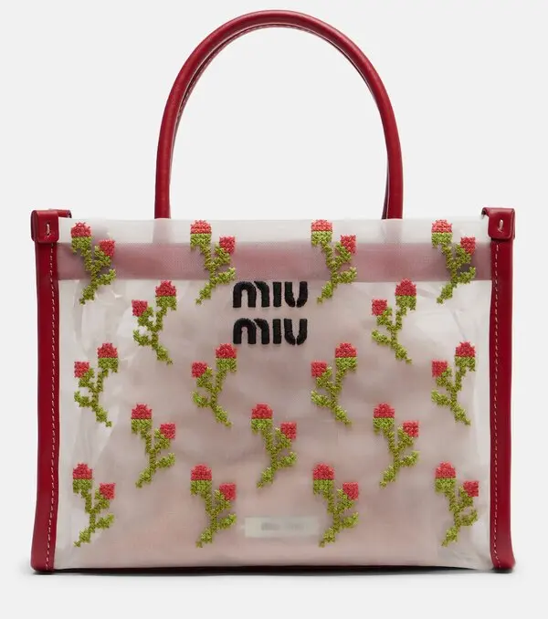 Miu Miu Embroidered Leather-trimmed Mesh Top-handle Bag - Red