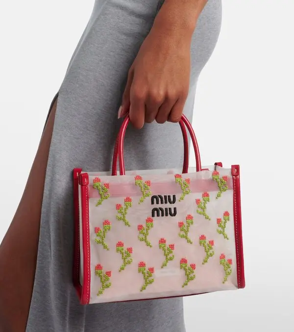 Miu Miu Embroidered Floral Mesh Tote Bag