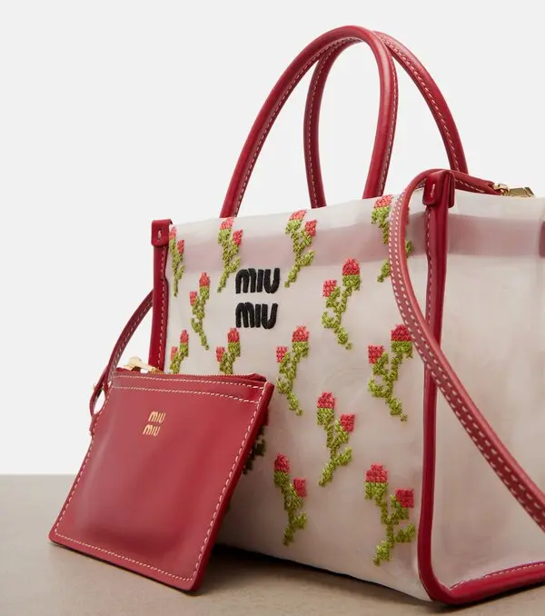 Miu Miu Embroidered Floral Mesh Tote Bag