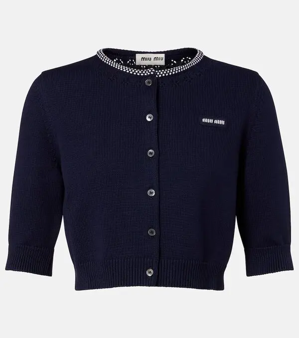 Miu Miu Cropped Cotton Cardigan With Logo Detail - Blue