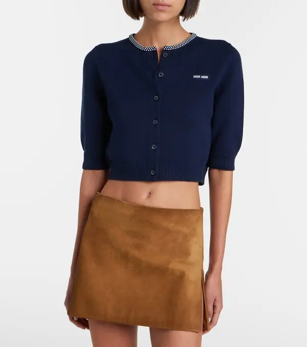 Miu Miu Cropped Cotton Cardigan With Logo Detail