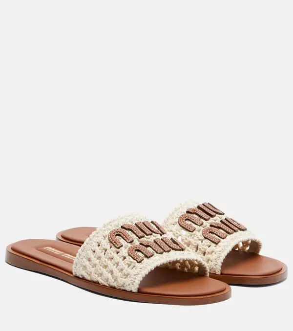 Miu Miu Leather-trimmed Crochet Slides - White