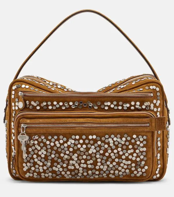 Acne Studios Camera Large" Suede Shoulder Bag With Studded Embellishments - Brown
