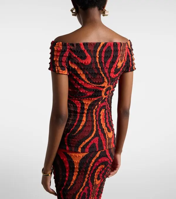 Emilio Pucci Marmo Off-shoulder Smocked Crop Top - Orange