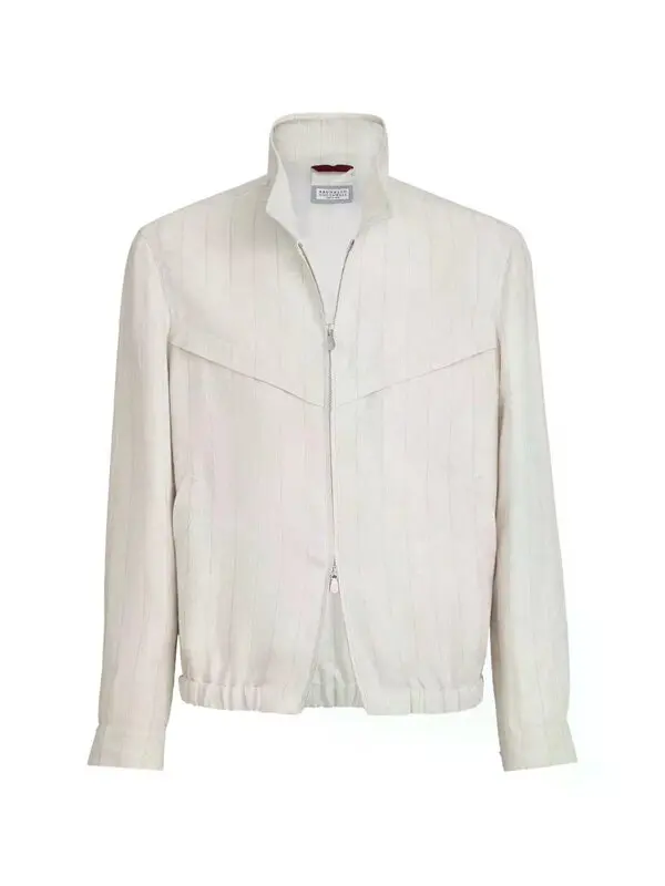 Brunello Cucinelli Linen Chalk Stripe Chevron Outerwear Jacket - Neutrals