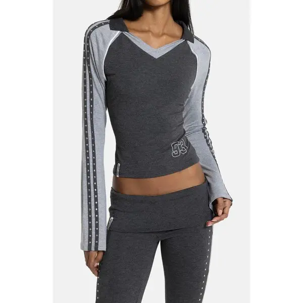 JADED LONDON Long Sleeve Cropped Baby Tee With Stud Embellishments