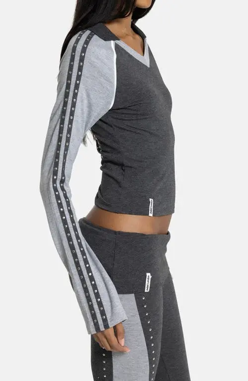 JADED LONDON Long Sleeve Cropped Baby Tee With Stud Embellishments