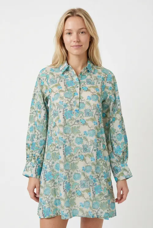 RO'S GARDEN Ceylon Print Button-up Shirt Dress - Blue Ceylon