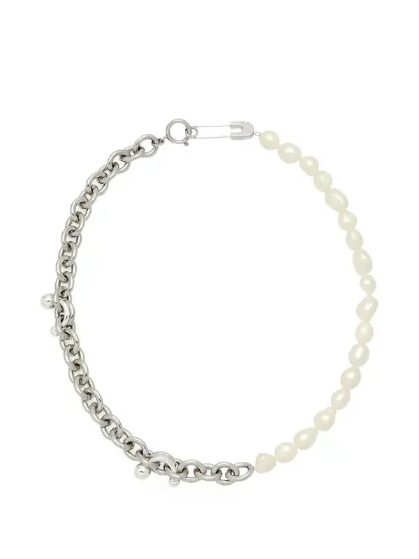 YOJ Safety Pin Link Necklace With Pearls - Silver