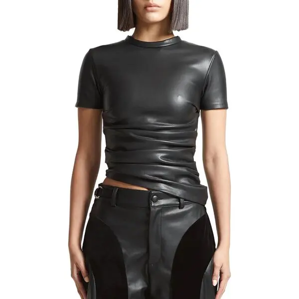 Manière De Voir Leather Ruched T-shirt - Black