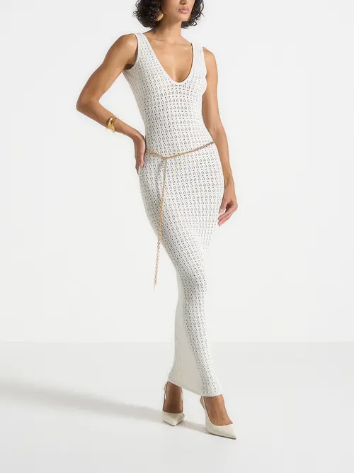 Manière De Voir Myriam Pointelle Plunge Midaxi Dress With Chain Belt - Cream