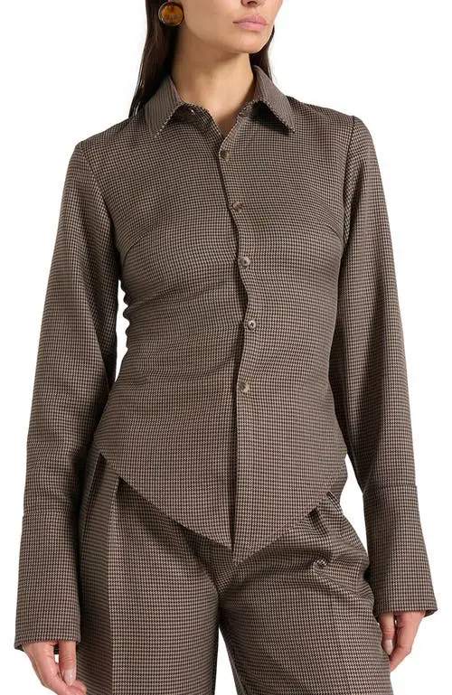 Manière De Voir Houndstooth Cinch Shirt With Pointed Collar And Angular Hem - Brown