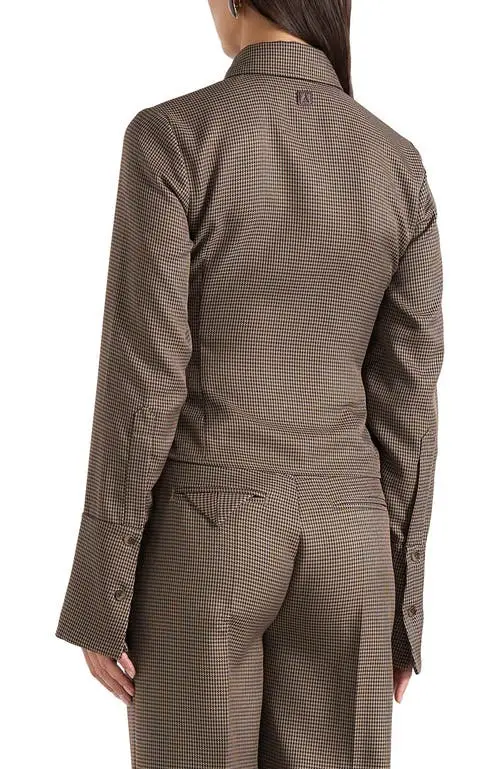 Manière De Voir Houndstooth Cinch Shirt With Pointed Collar And Angular Hem - Brown
