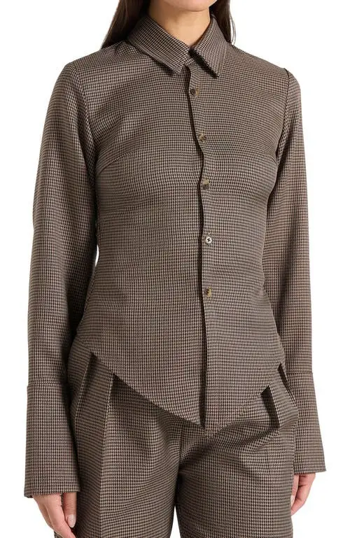 Manière De Voir Houndstooth Cinch Shirt With Pointed Collar And Angular Hem - Brown