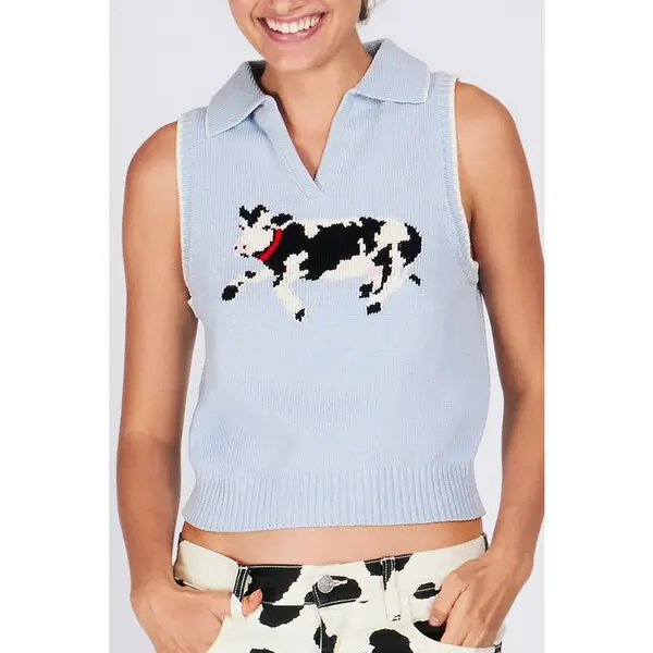RACHEL ANTONOFF Bessie Sleeveless Knit Polo Sweater With Cow Motif - Pale Blue