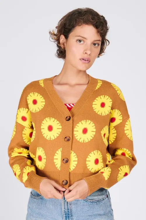 RACHEL ANTONOFF Ana Cardigan Printed V-neck Cropped Sweater